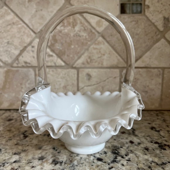 Fenton | Accents | Vintage Fenton Ruffle Edge Creamy White Glass Basket ...